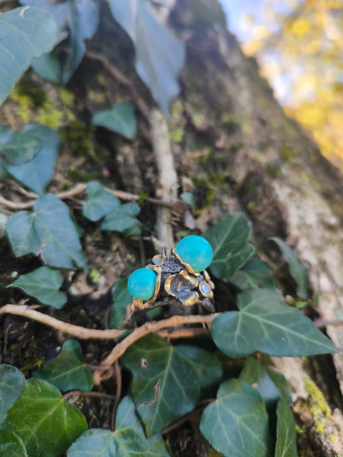 Anello in Argento 925 Brunito con Oro 24k, Turchesi Naturali e Topazi ...