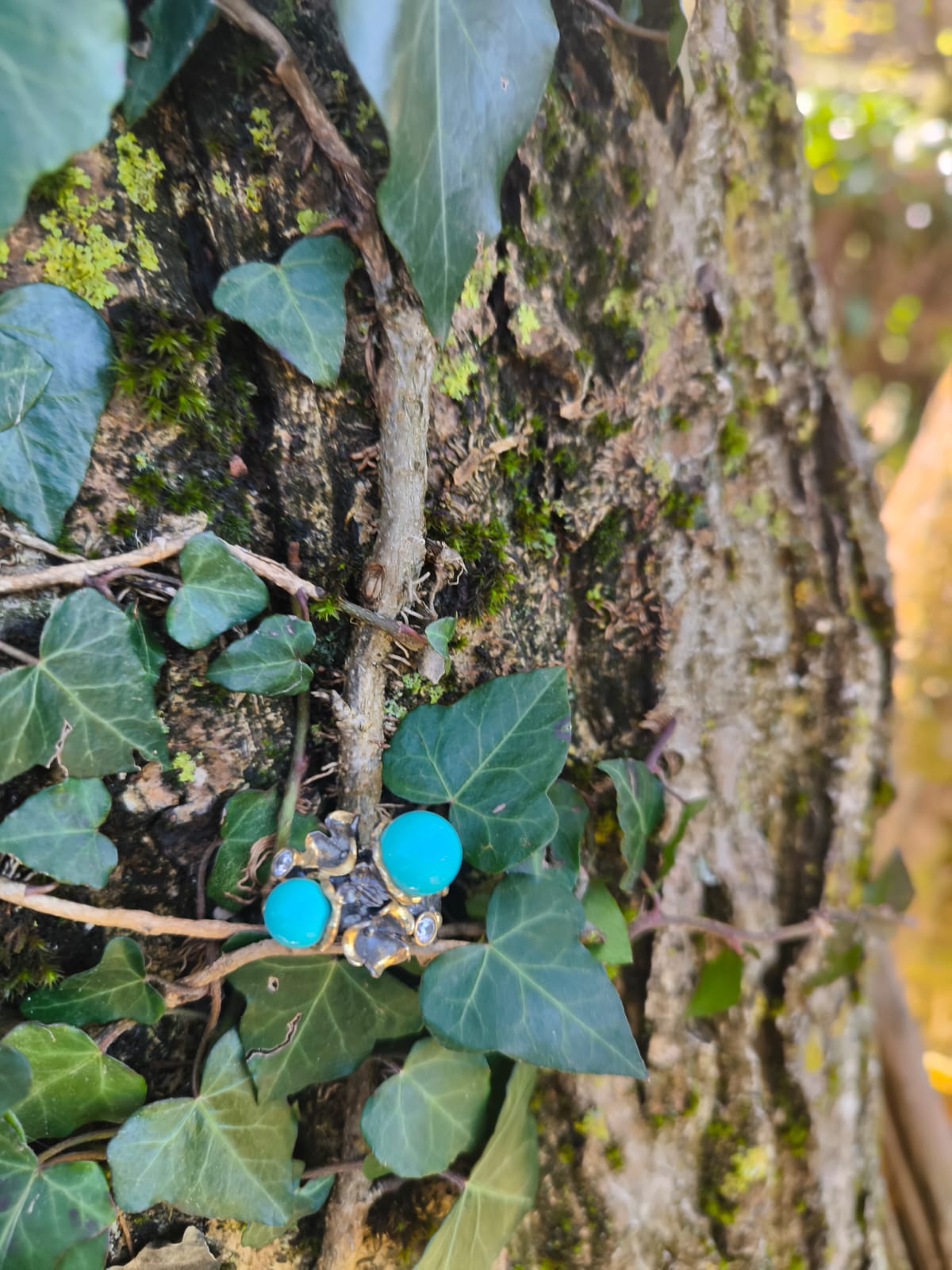 Anello in Argento 925 Brunito con Oro 24k, Turchesi Naturali e Topazi ...