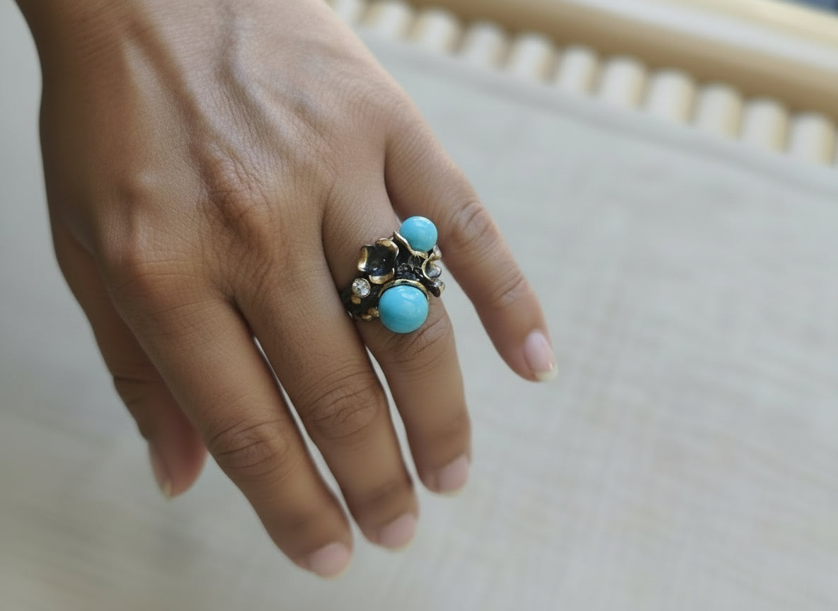 Anello in Argento 925 Brunito con Oro 24k, Turchesi Naturali e Topazi ...