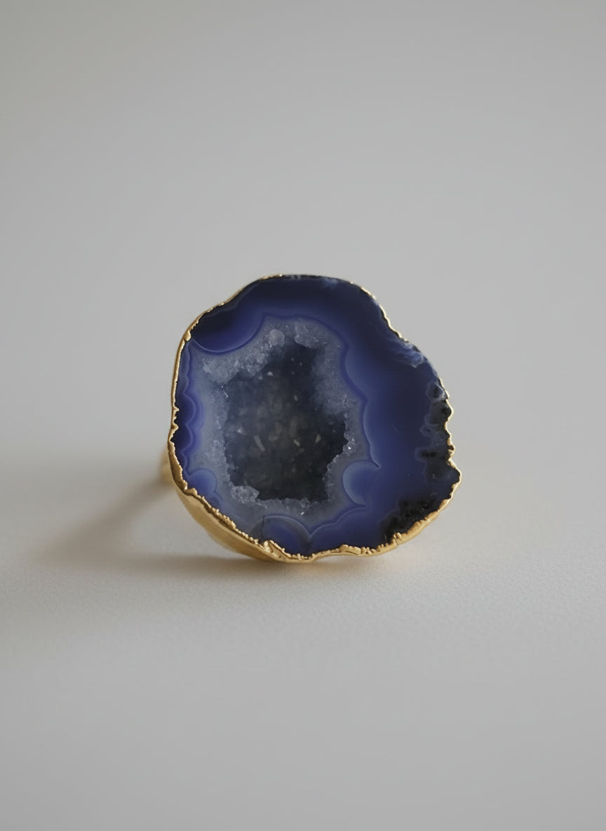 Anello Regolabile in Oro su Bronzo con Drusa di Agata Blu Naturale – E ...