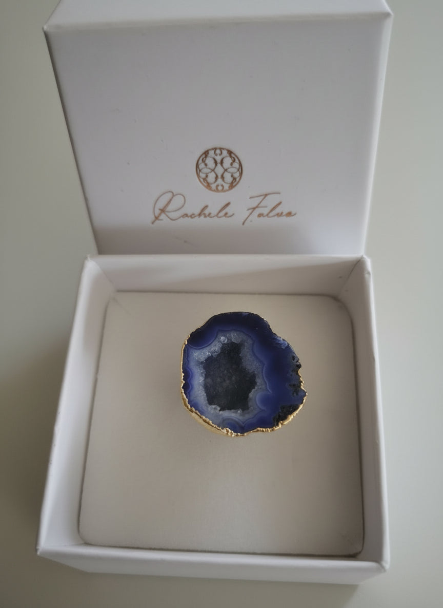 Anello Regolabile in Oro su Bronzo con Drusa di Agata Blu Naturale – E ...